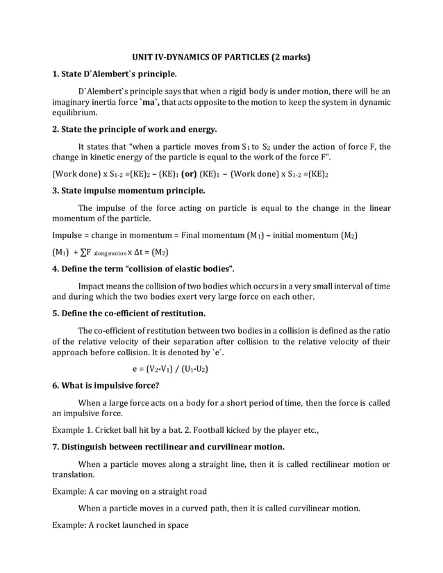 Unit iv dynamics of particles | DOCX | Physics | Science