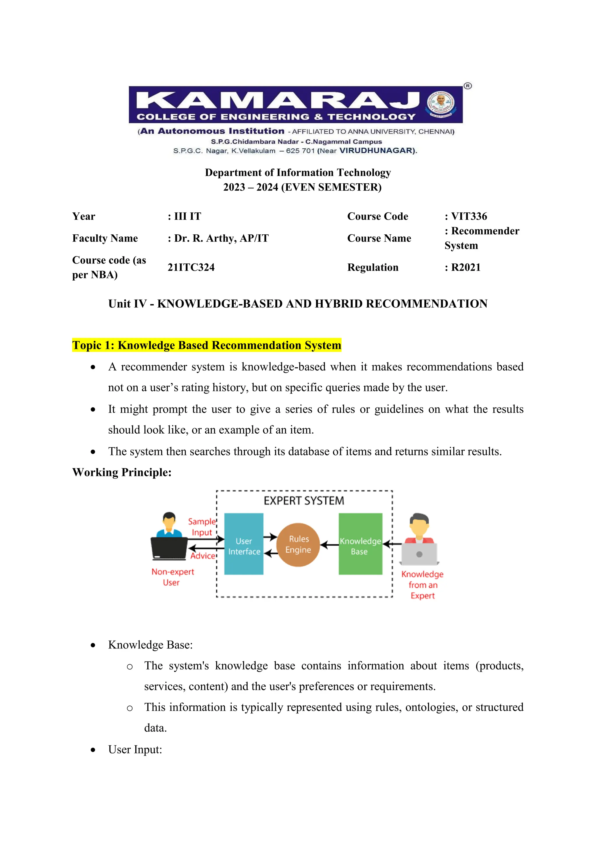 Unit IV Knowledge and Hybrid Recommendation System.pdf