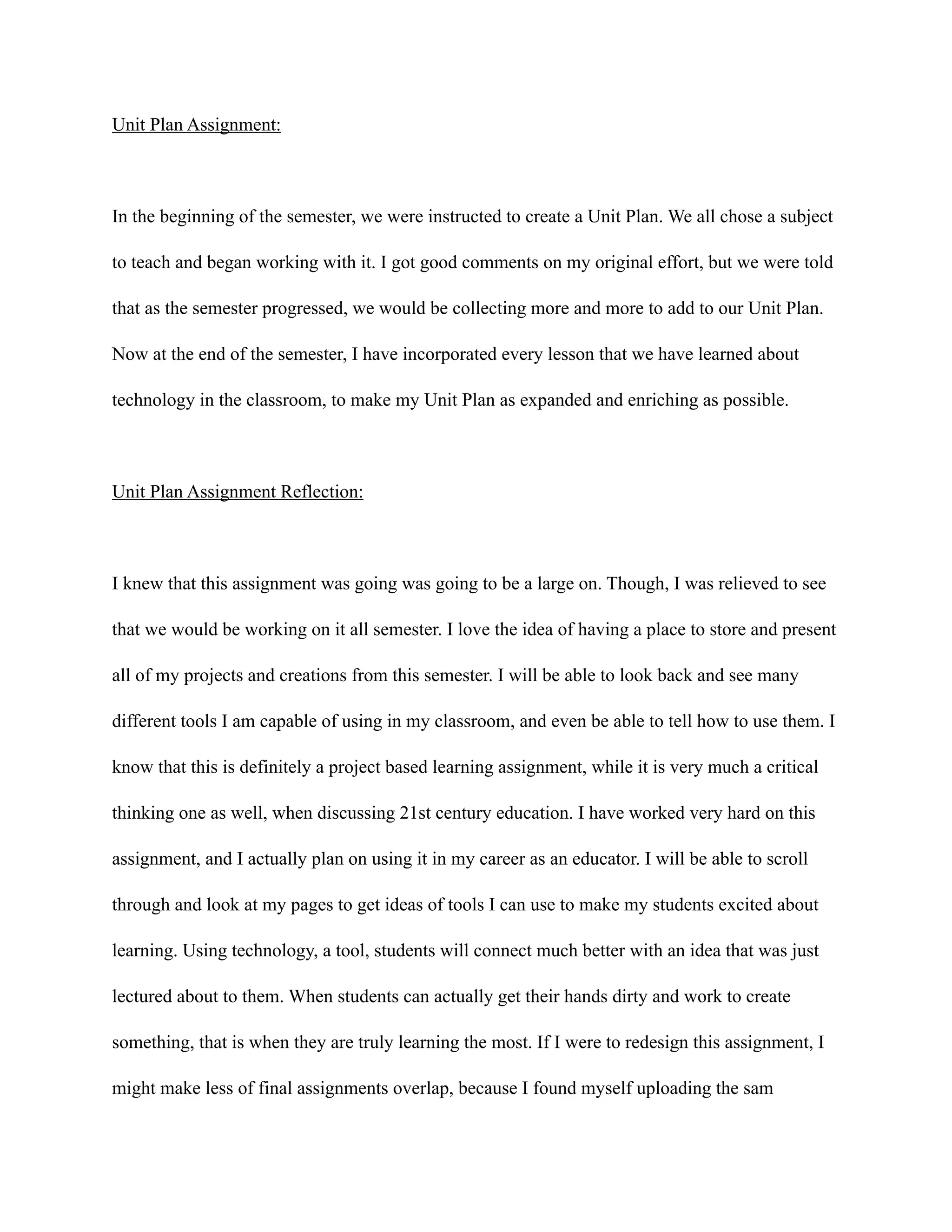 Unit Plan Assignment Reflection | PDF