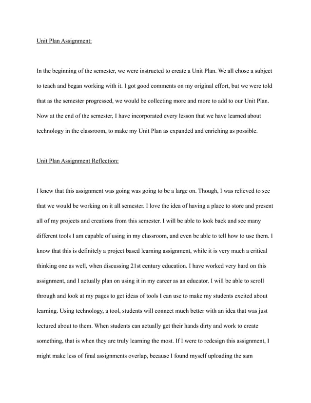 Unit Plan Assignment Reflection | PDF