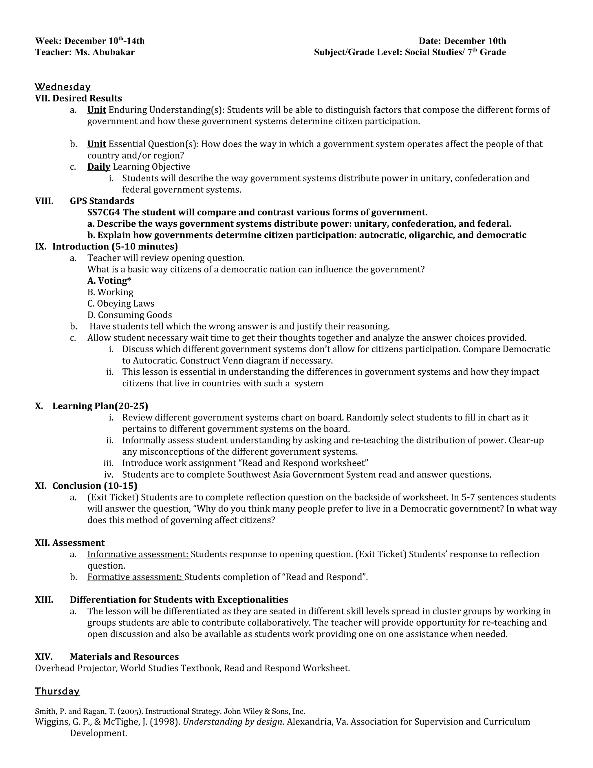 Unit plan government week 2 | DOC