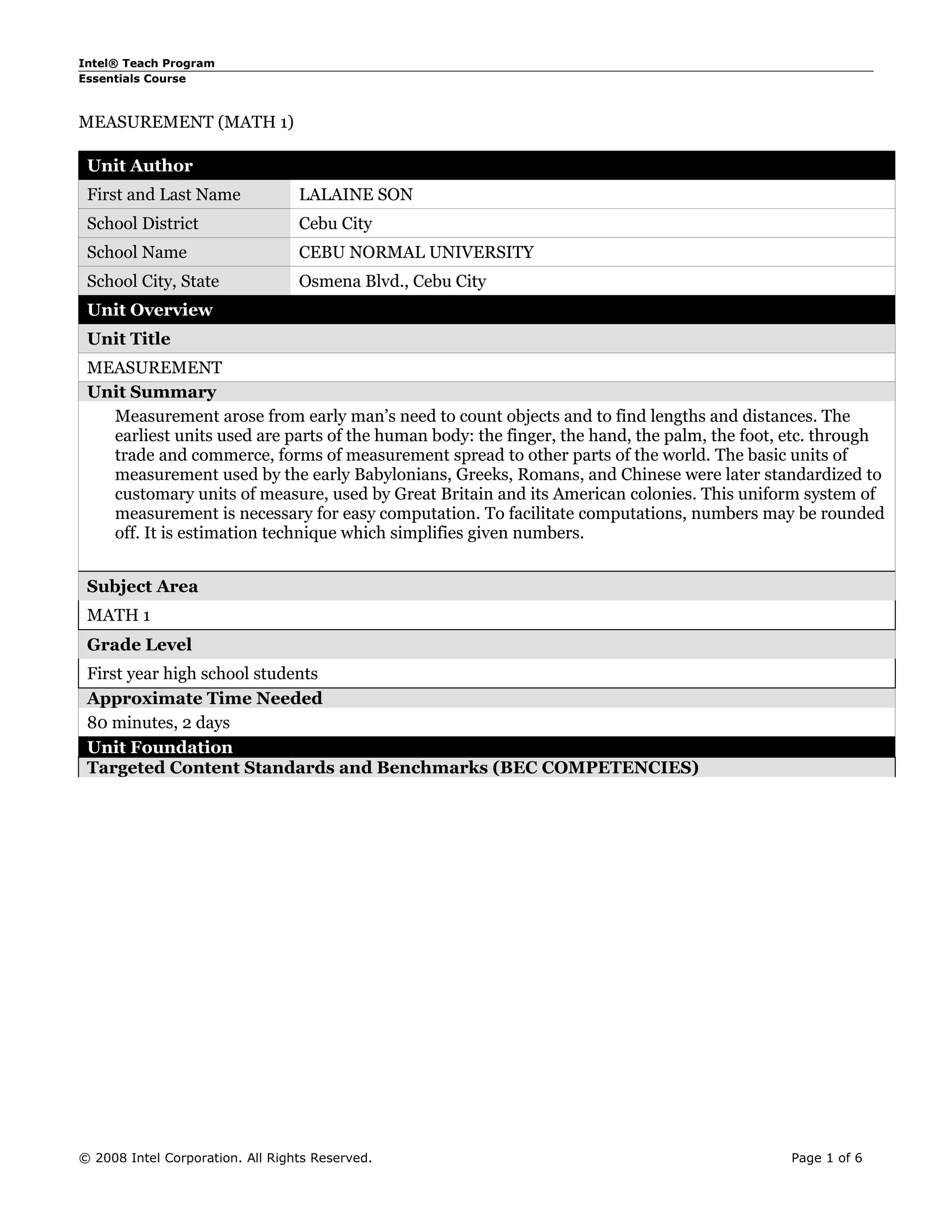 Unit plan measurement | DOC