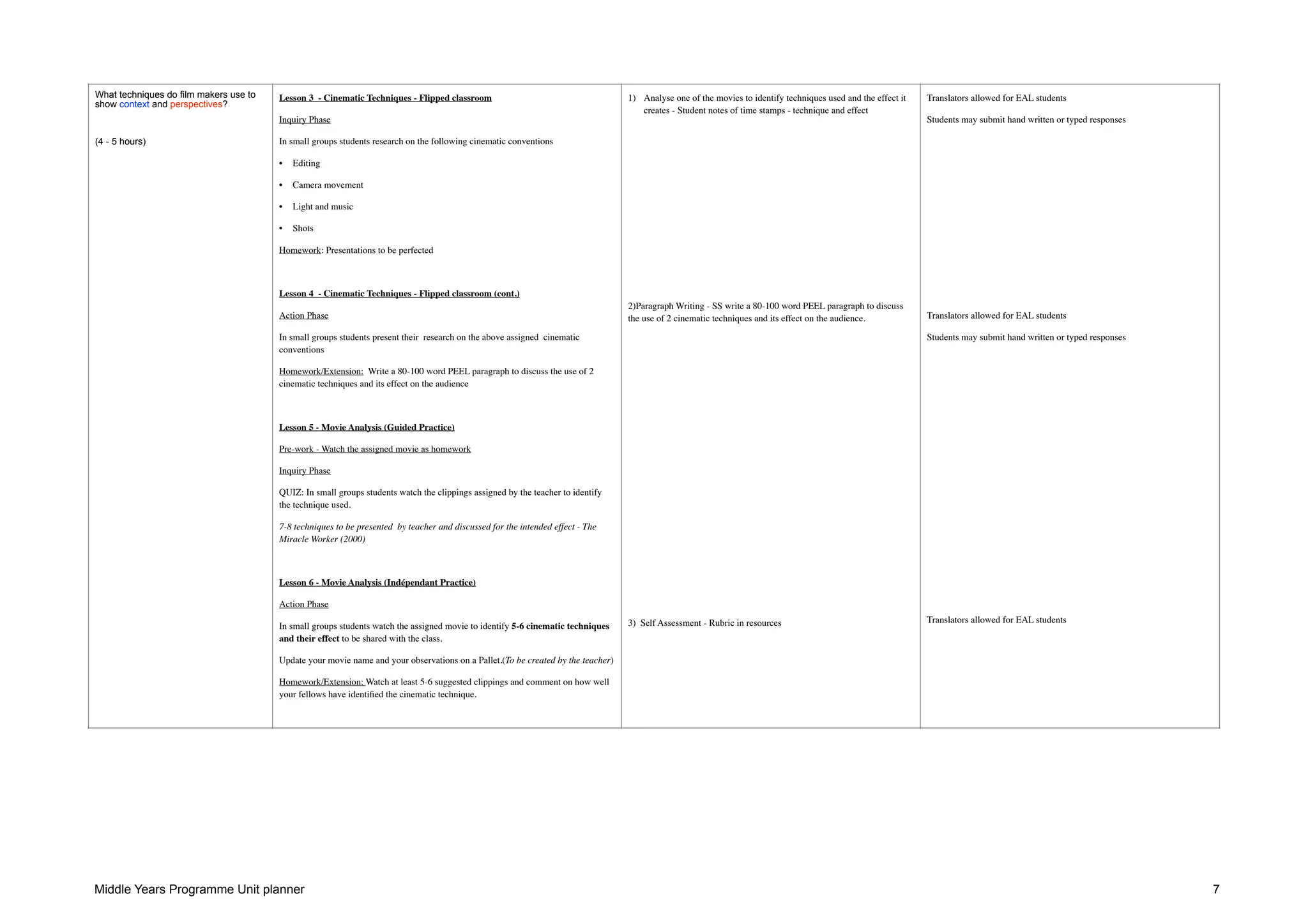 IB MYP 5 Unit Planner Short Film English | PDF