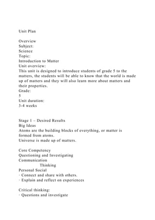 Unit Plan OverviewSubjectScienceTopicIntroduction to.docx