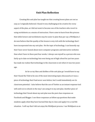 Unit plan reflection | DOCX | Education industry | Industries