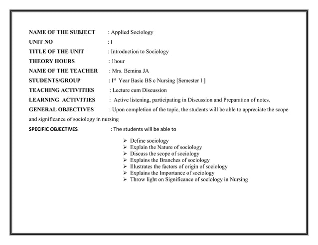 UNIT PLAN SOCIOLOGY.docx | Educational Assessment | Education