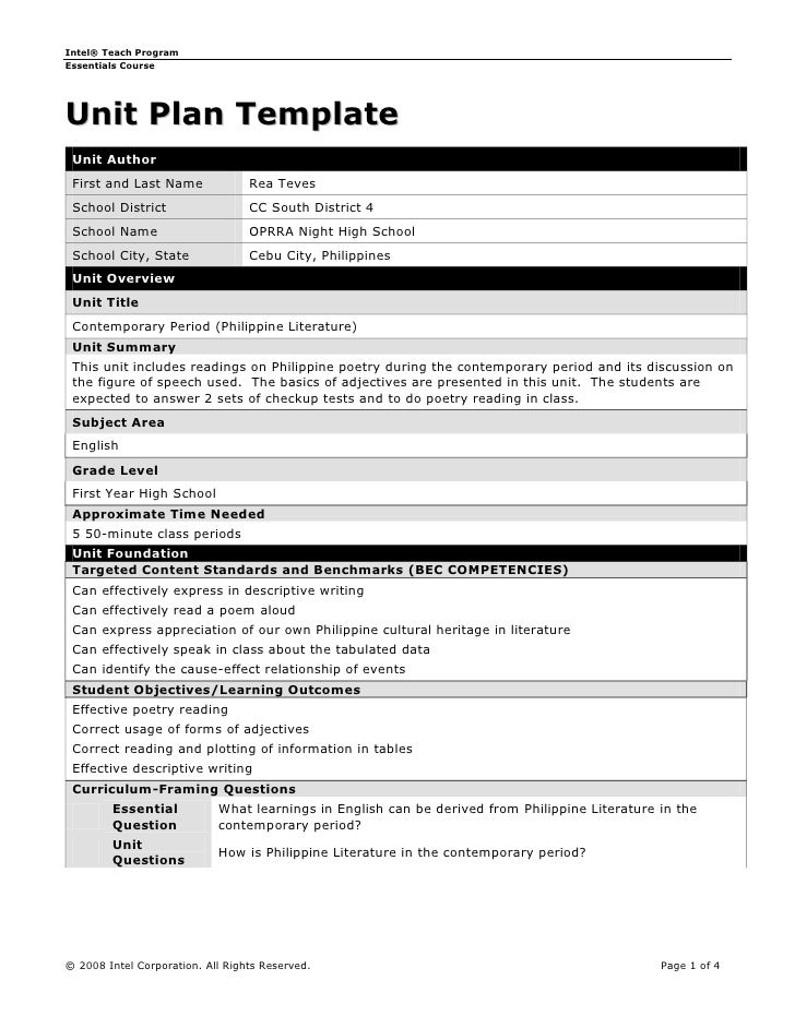 Unit Plan In Philippine Literature In The Contemporary Period Unit Plan In Philippine Literature In The Contemporary Period