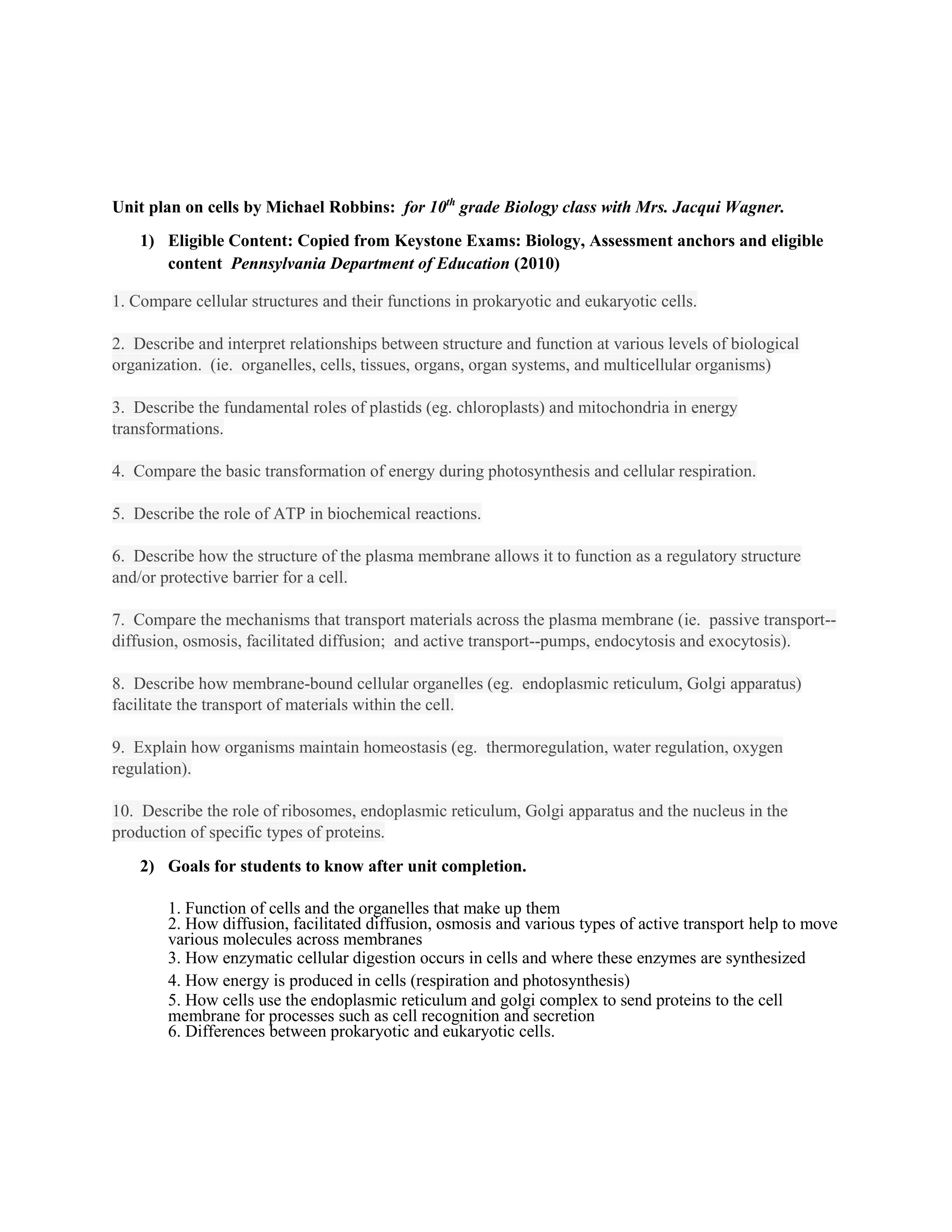 Unit Plan on Cells | PDF