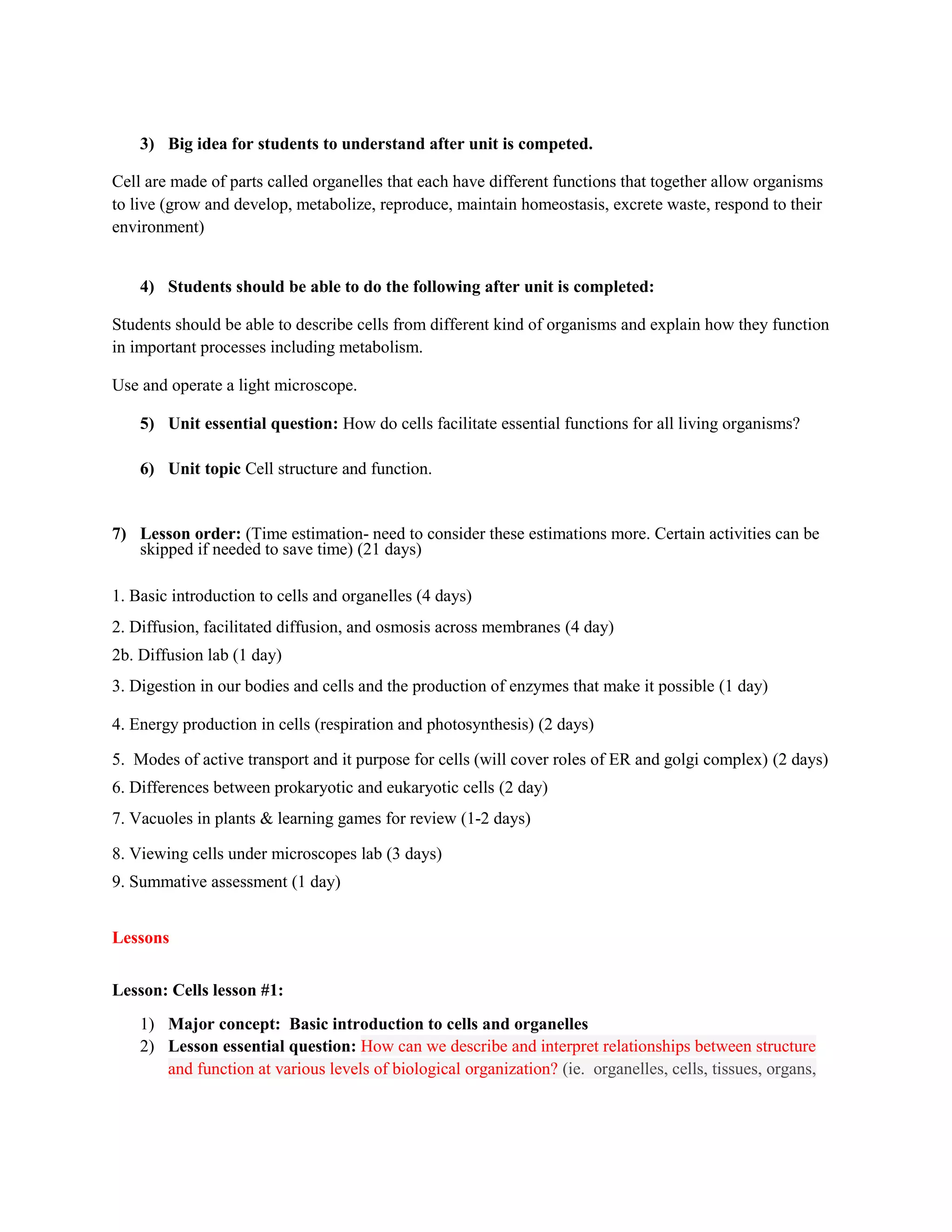 Unit Plan on Cells | PDF