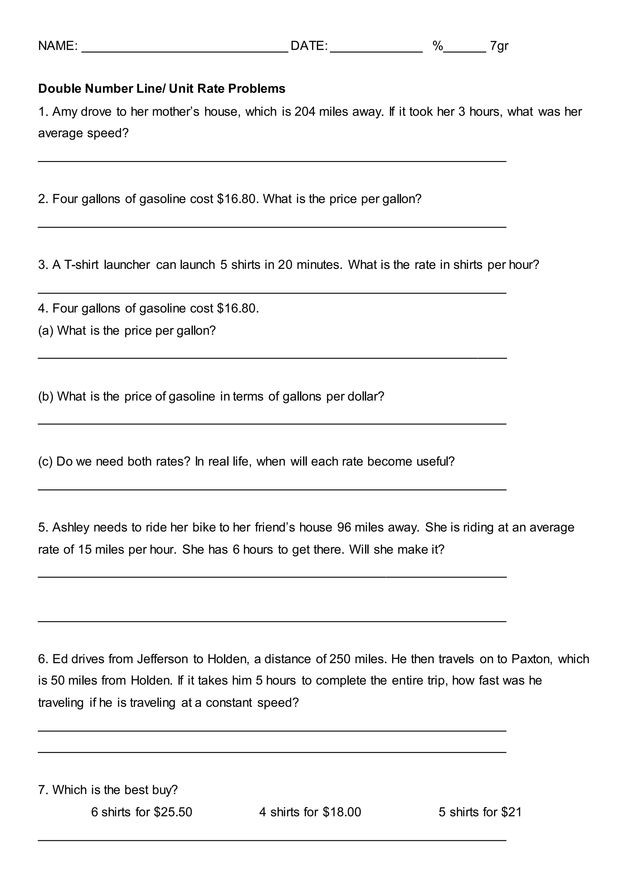Unit rate word problems worksheet | DOCX