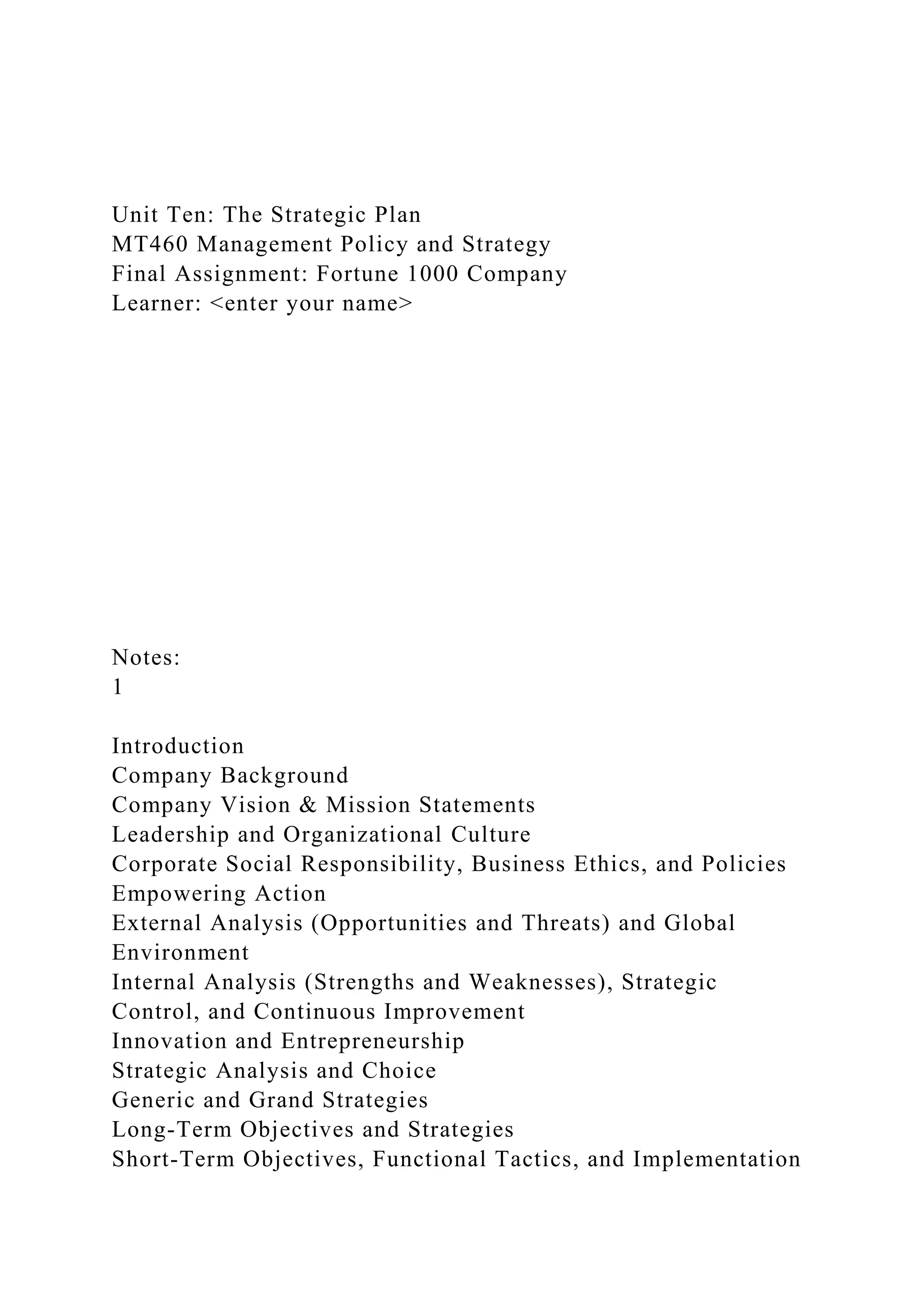 Unit Ten The Strategic Plan MT460 Management Policy and Strat.docx