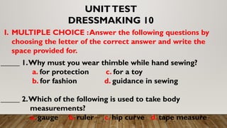 unit test Dressmakingf grade 10 summary, | PPTX