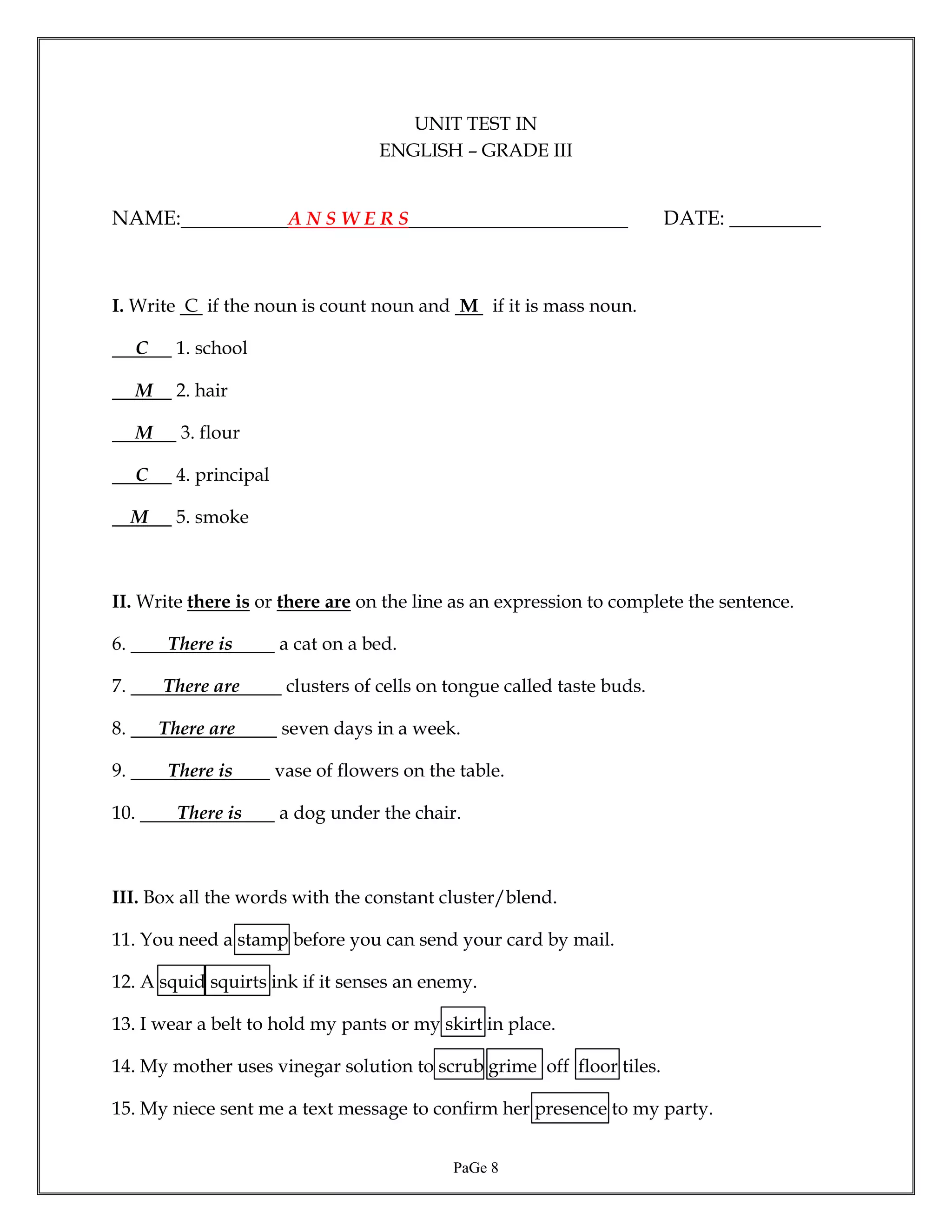 K TO 12 GRADE 3 Unit Test in ENGLISH | PDF