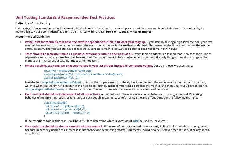 Unit Testing Standards - Recommended Best Practices