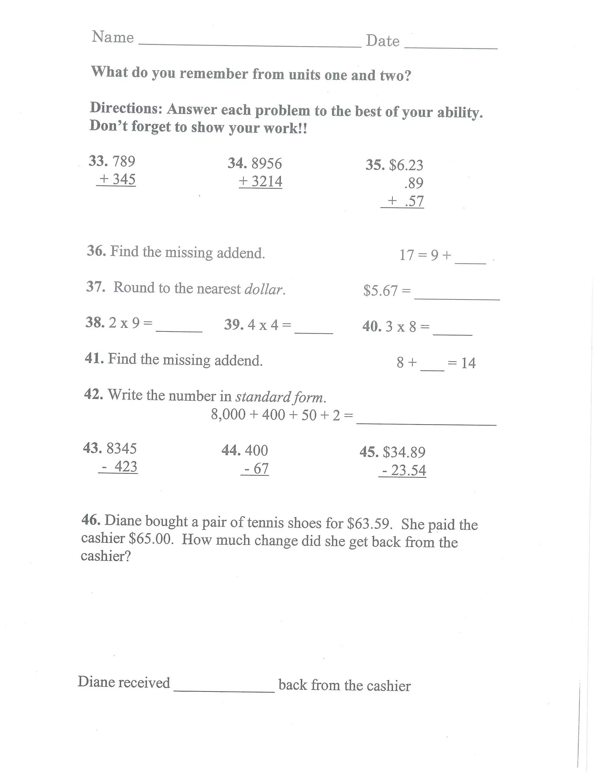 Unit Three Math Review | PDF