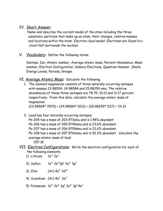 Unit Three Review Hon Chem 10 Key | PDF