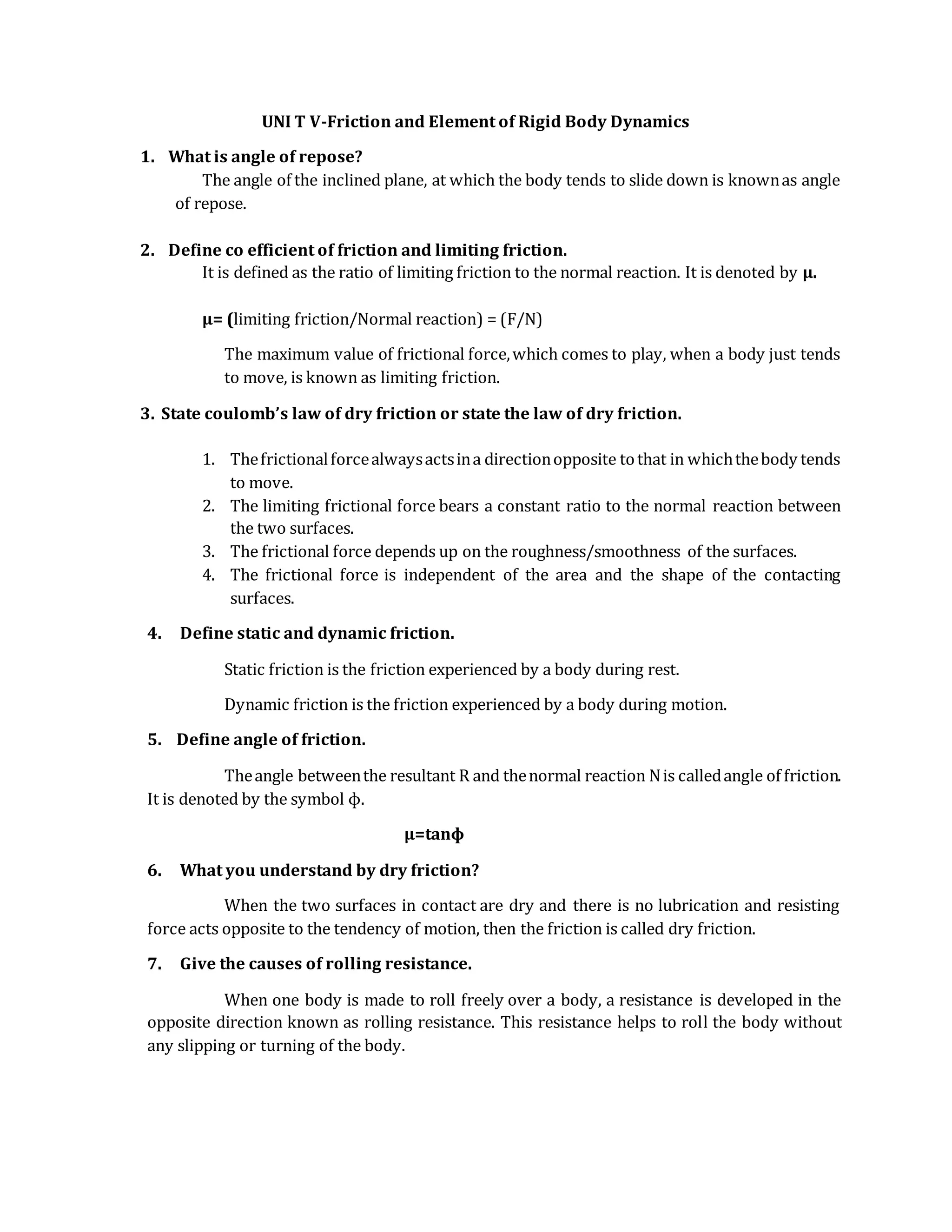 Unit v friction and rigid body dynamics | DOCX | Physics | Science