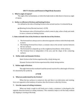 Unit v friction and rigid body dynamics | DOCX | Physics | Science