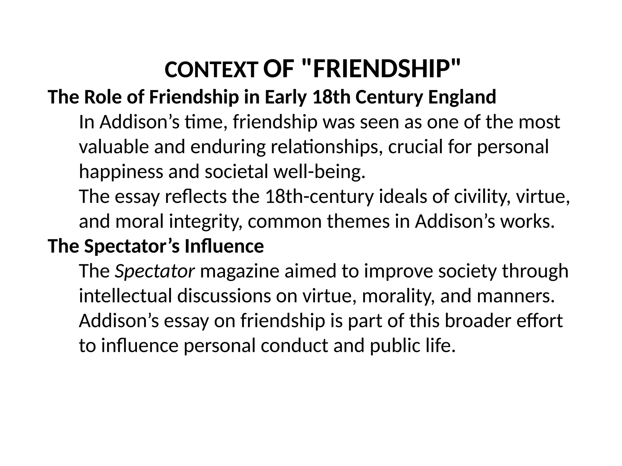 FRIENDSHIP by Joseph Addison Subtitle: A Reflection on the Qualities ...