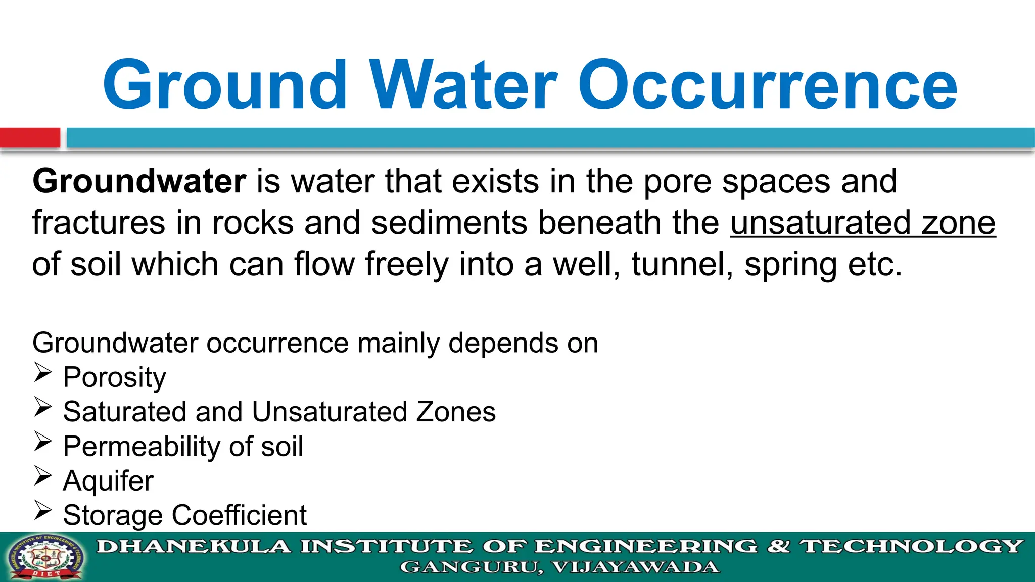 PowerPoint presentation titled “Unit V: Ground Water | PPTX