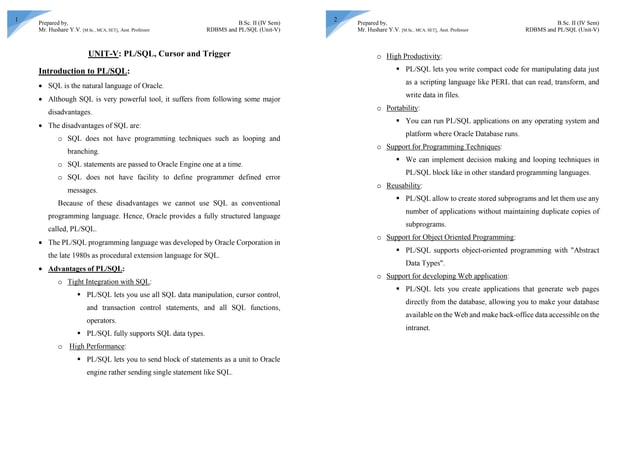 B.Sc. II (IV Sem) RDBMS & PL/SQL Unit-5 PL/SQL, Cursor and Trigger | PDF