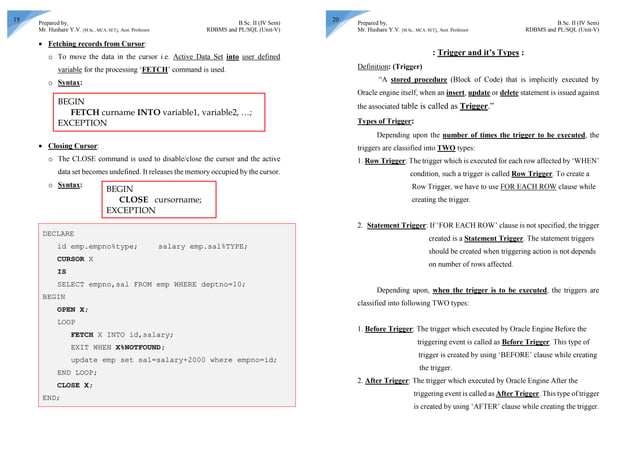Bsc Ii Iv Sem Rdbms And Plsql Unit 5 Plsql Cursor And Trigger Pdf