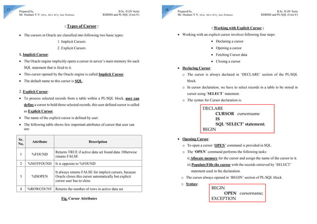 Bsc Ii Iv Sem Rdbms And Plsql Unit 5 Plsql Cursor And Trigger Pdf