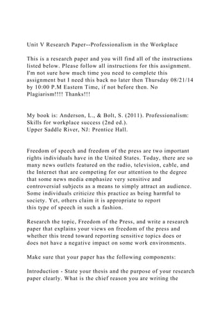 Unit V Research Paper--Professionalism in the WorkplaceThis is.docx