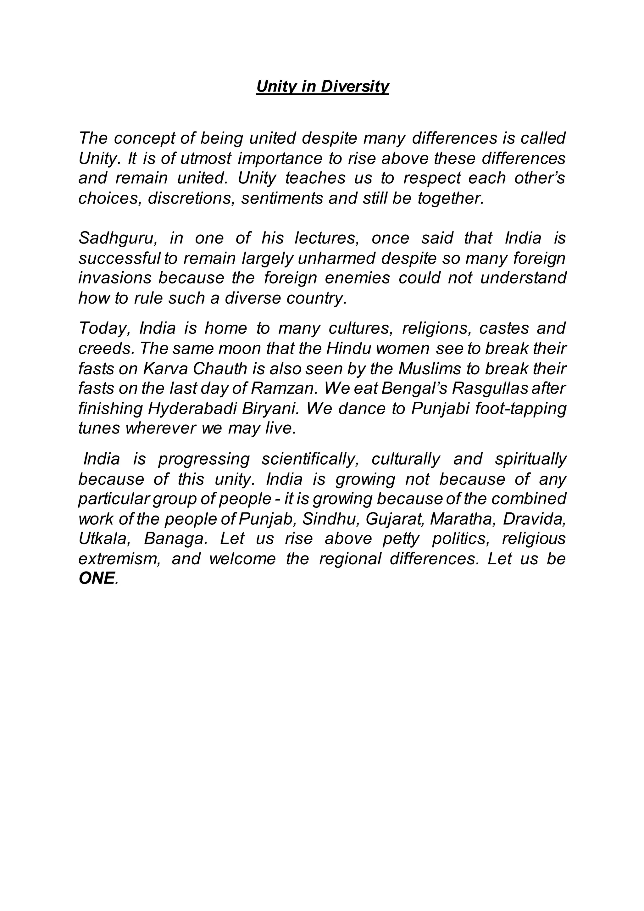 Unity in diversity essay for kids | DOCX