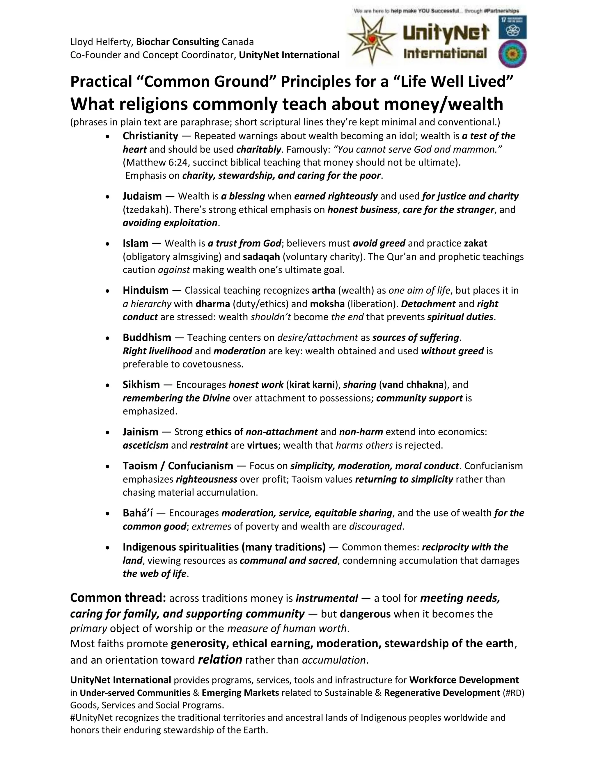 UnityNet Practical Common Ground Principles for “A Life Well Lived” | PDF
