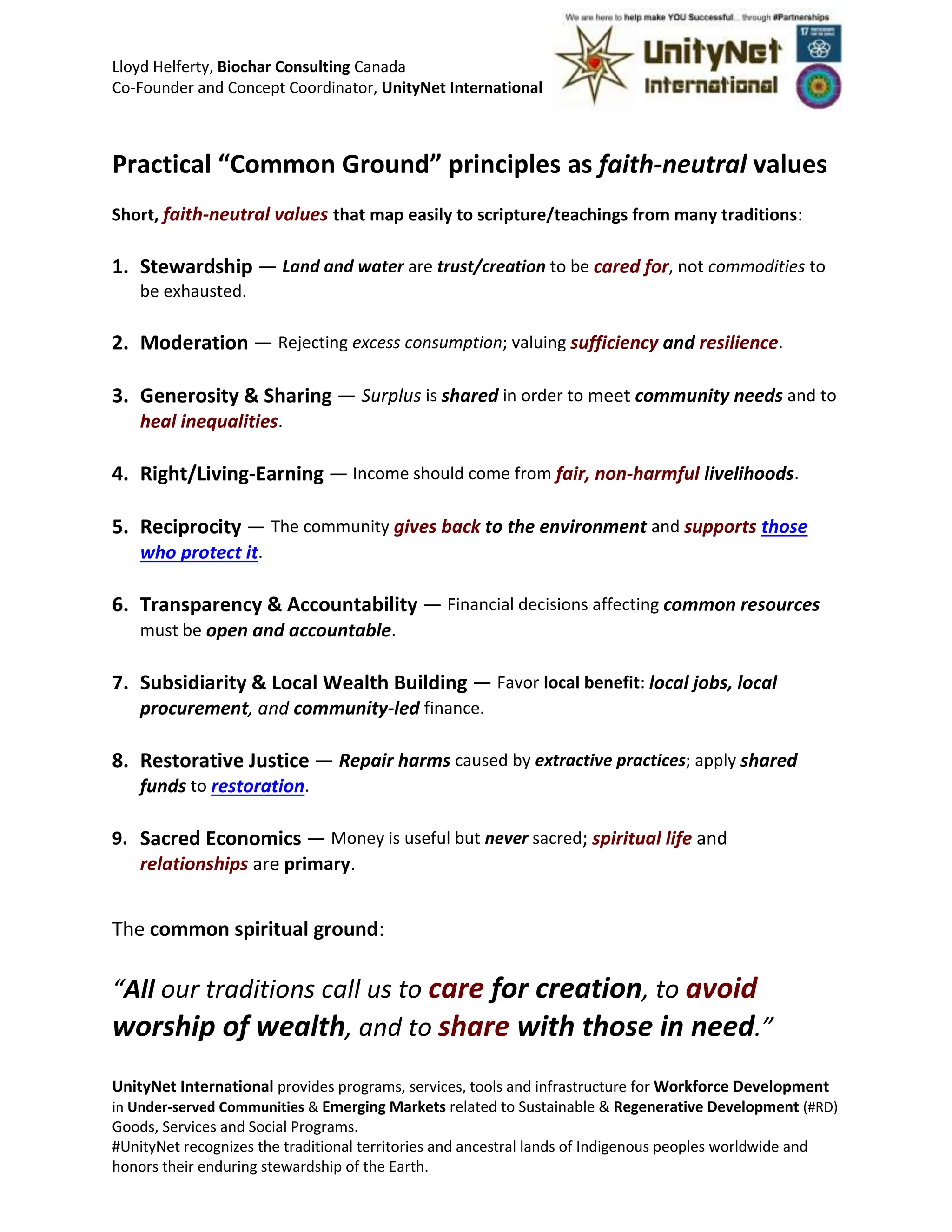 UnityNet Practical Common Ground Principles for “A Life Well Lived” | PDF