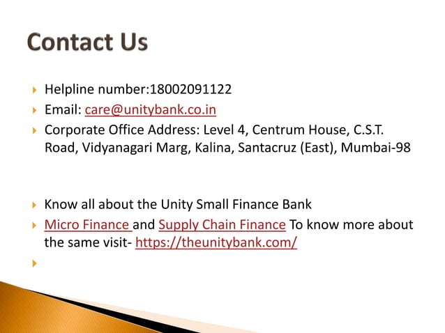 Unity Small Finance Bank micro finance | PPTX | Business Loans | Business Banking & Finance