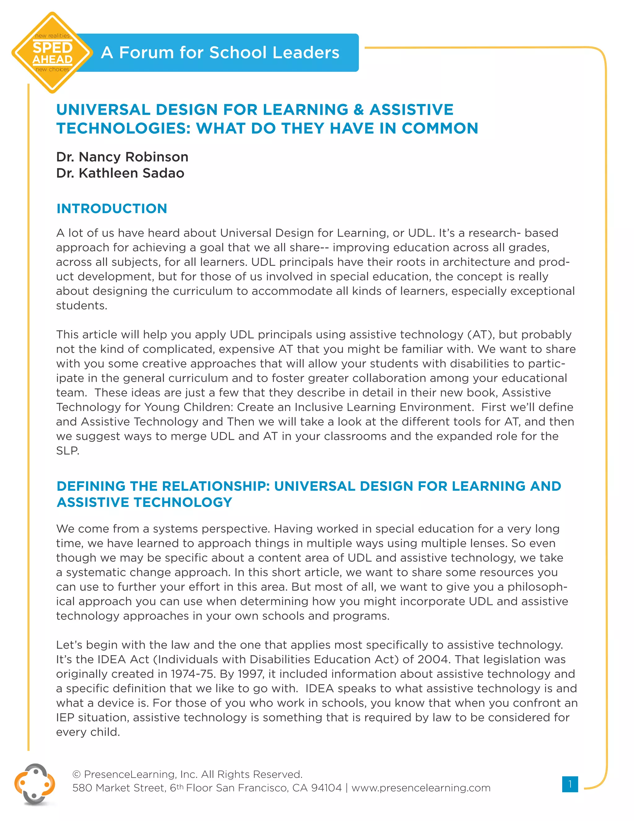 Universal Design for Learning & Assistive Technologies: What Do They Have in Common? | PDF