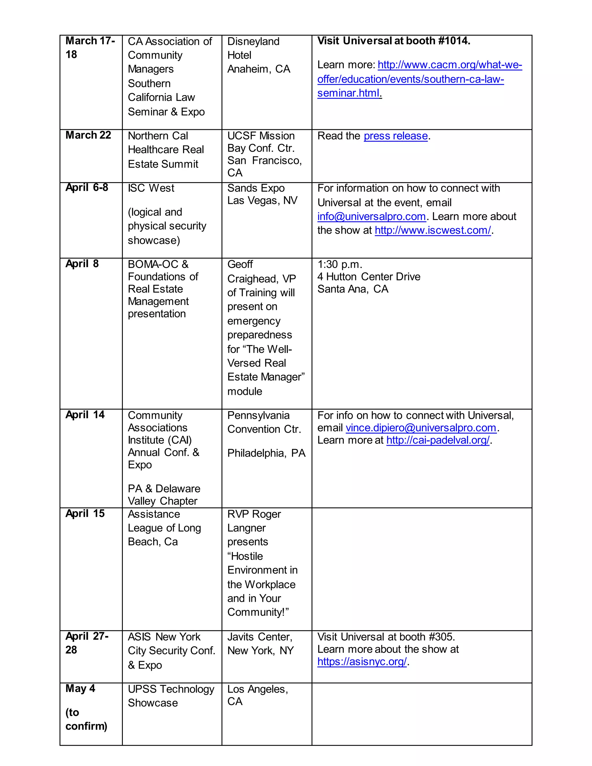 Universal Protection Service 2016 events chart | PDF