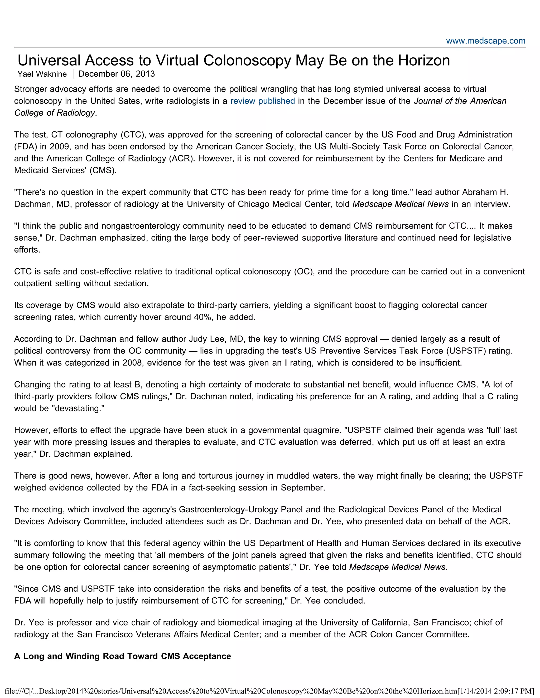 Universal access to virtual colonoscopy may be on the horizon | PDF ...