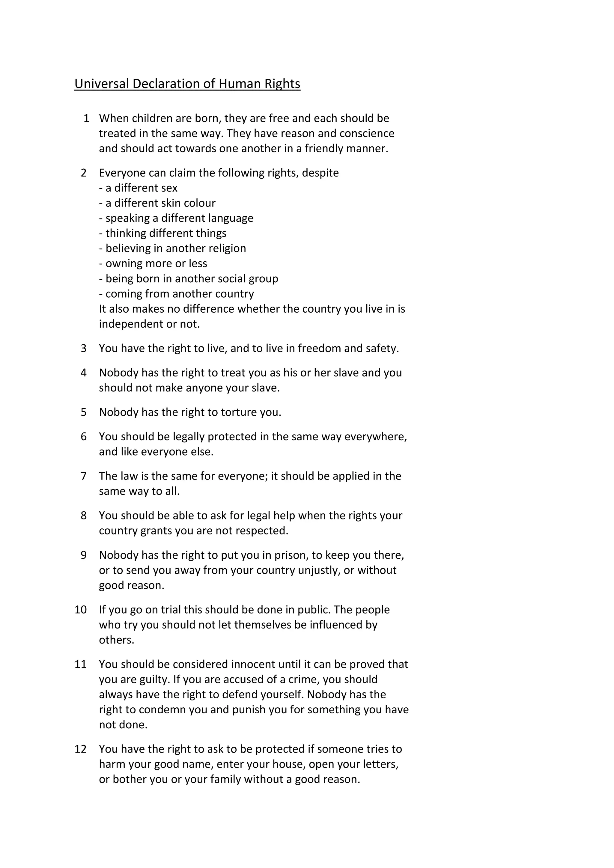 Universal declaration of human rights handout | DOCX