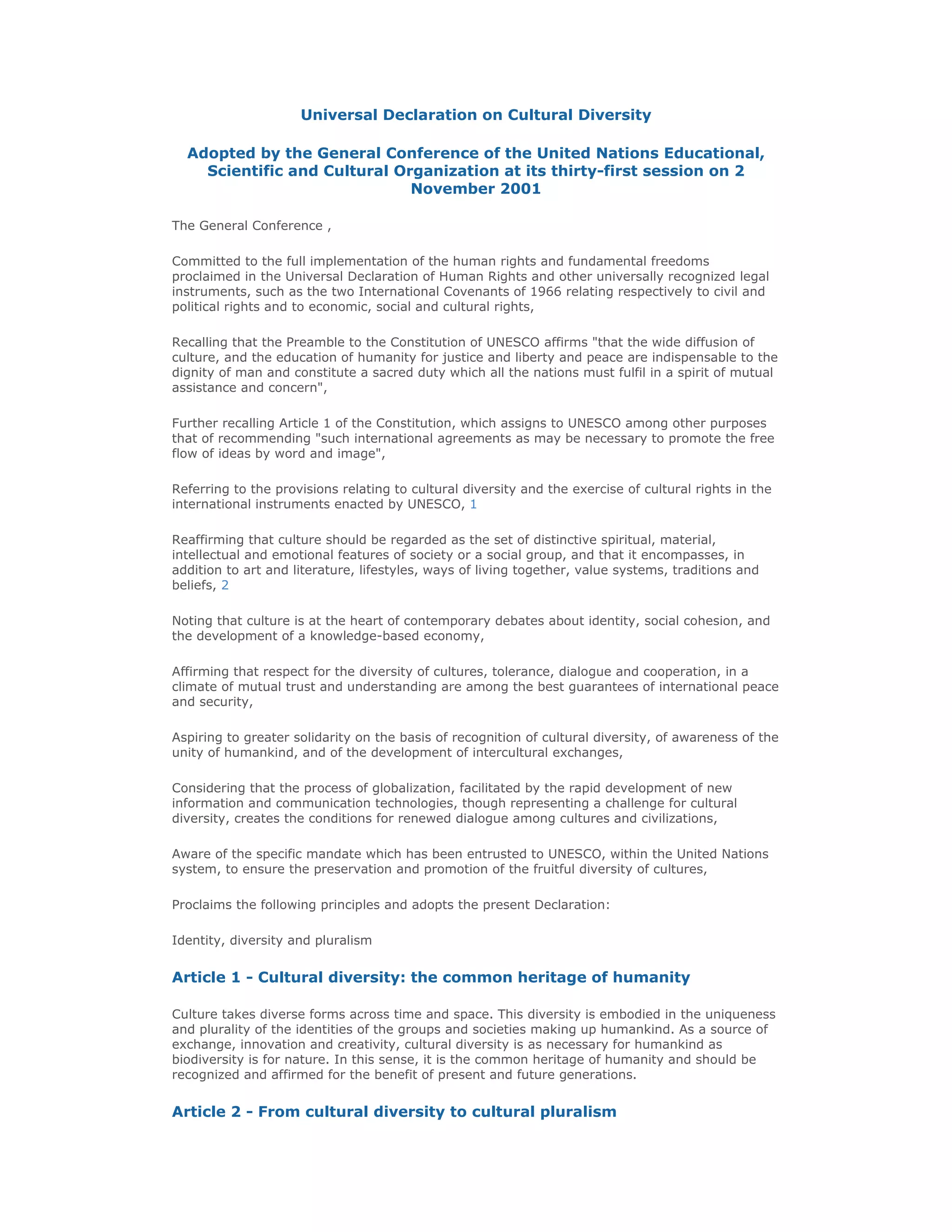 Universal Declaration on Cultural Diversity | PDF