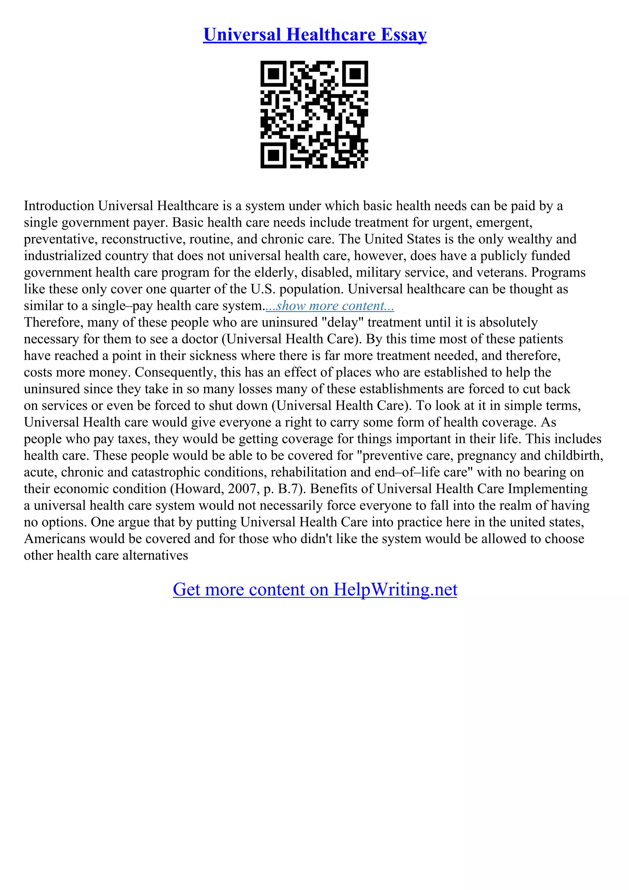 Universal Health Care Essay | PDF