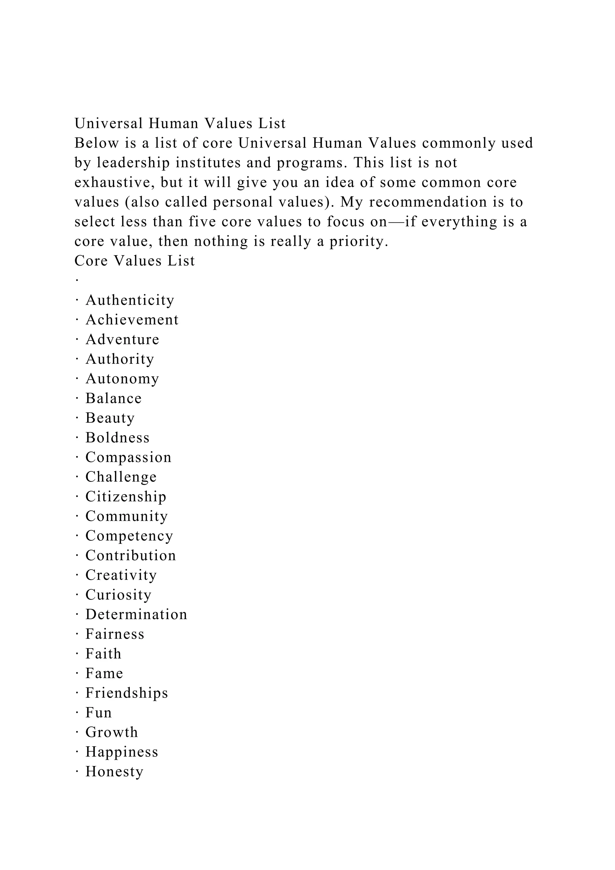 Universal Human Values ListBelow is a list of core Universal Hum.docx