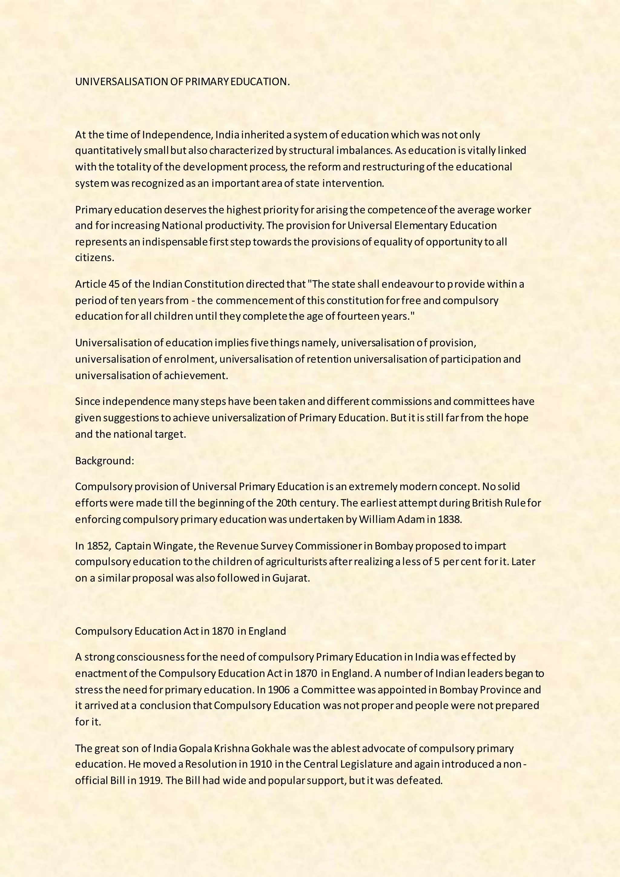 Universalisation of primary education | DOCX