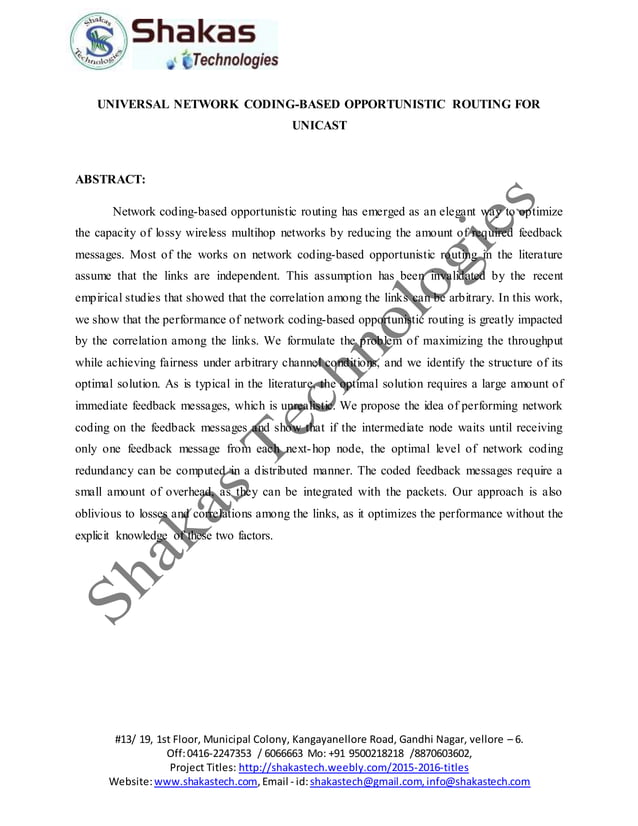 Universal network coding based opportunistic routing for | DOCX | Computer Networking | Computing