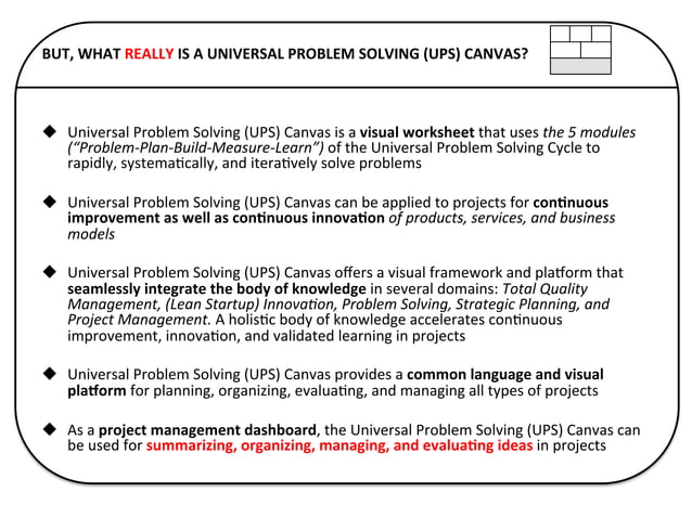 THE UNIVERSAL PROBLEM SOLVING (UPS) CANVAS: A Project Management Dashboard for Continuous ...