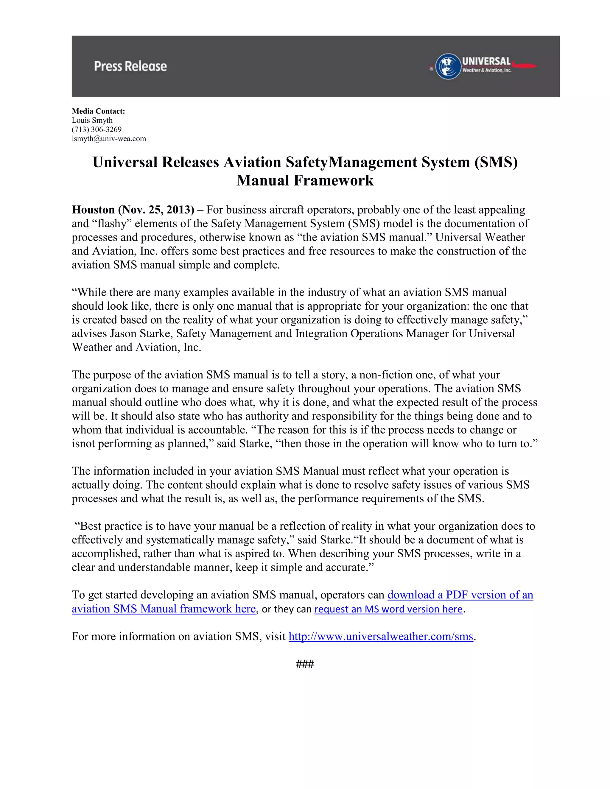 Universal Releases Aviation Safety Management System (SMS) Manual ...