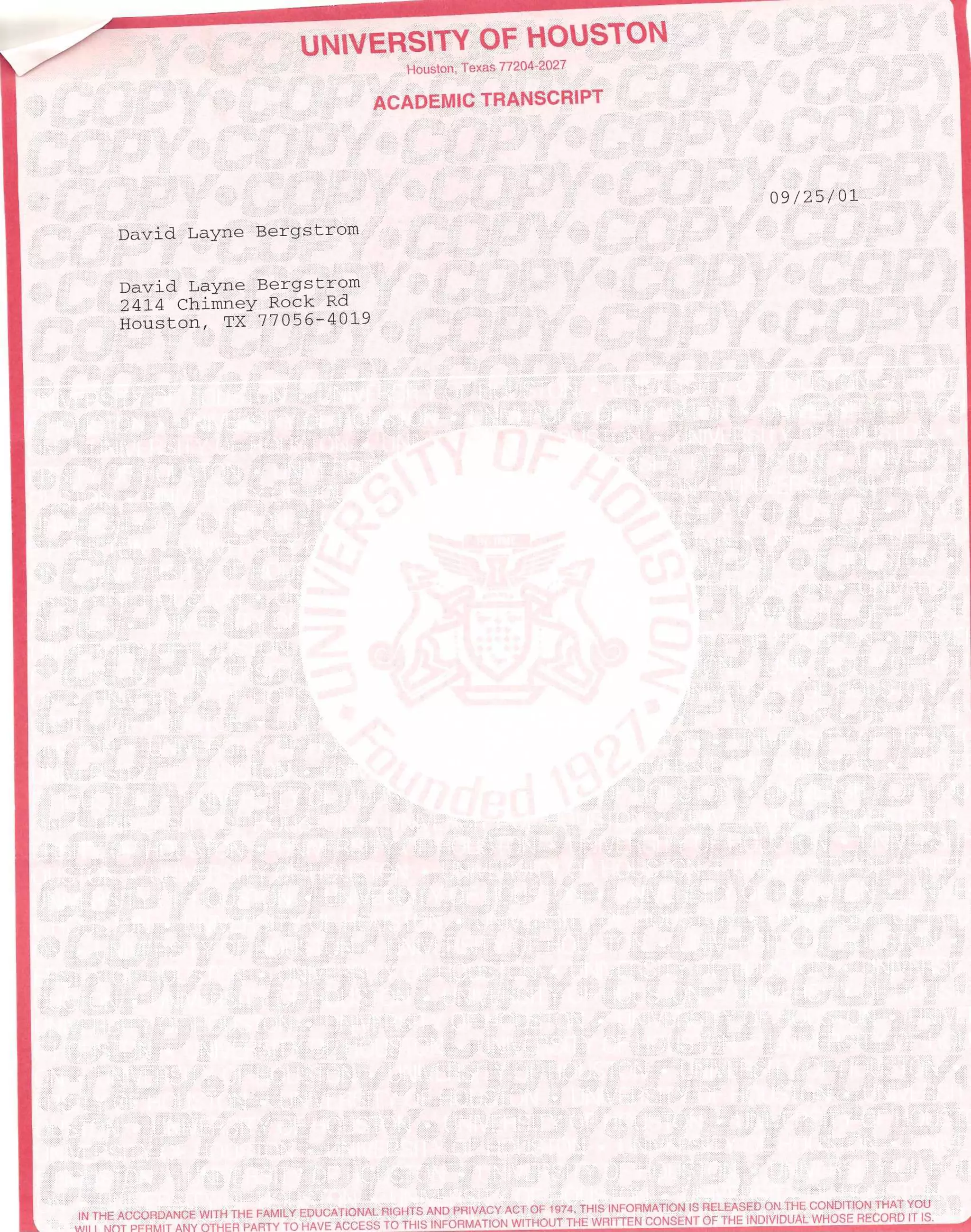 University Of Houston Mba Transcripts 001 | PDF