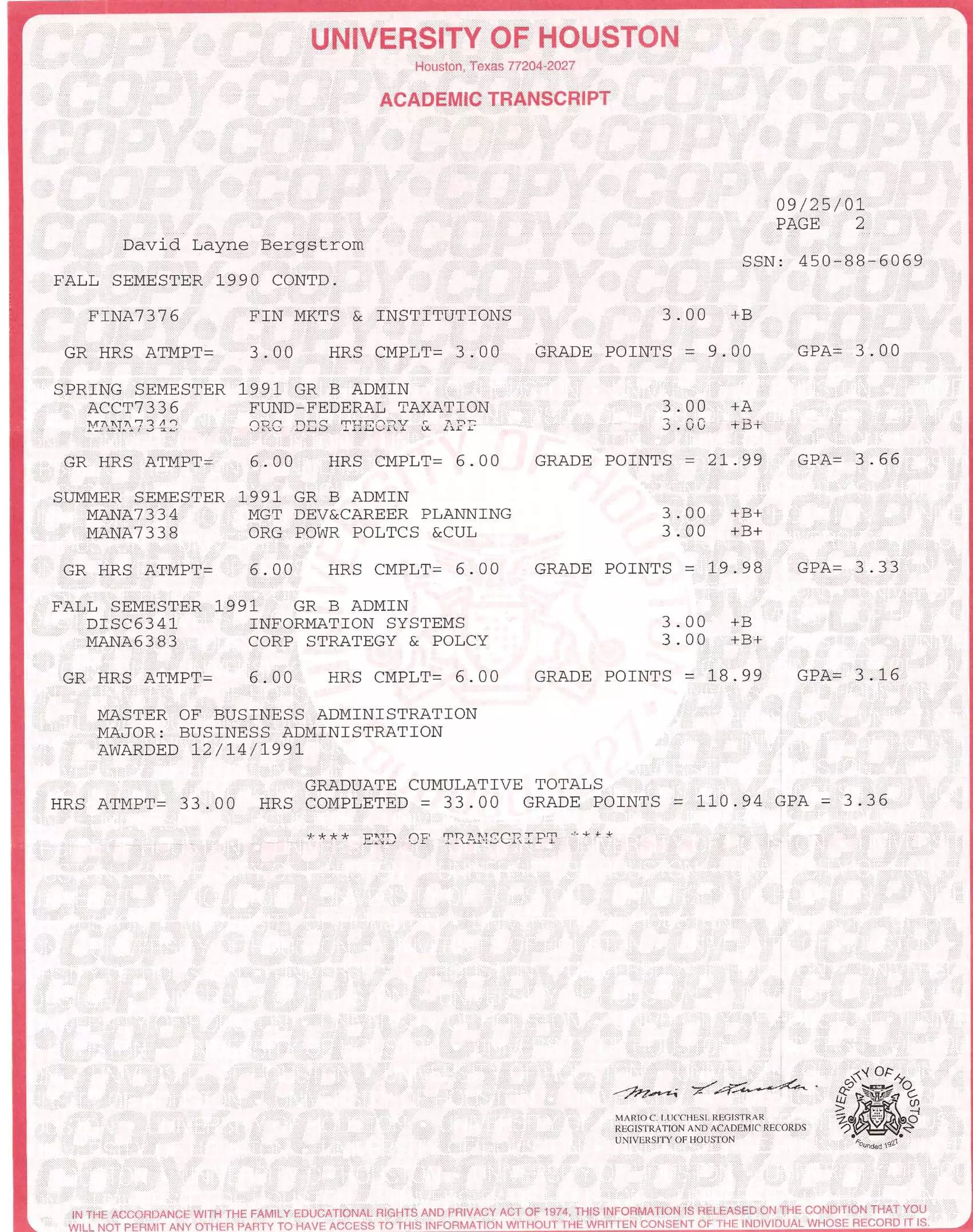 University Of Houston Mba Transcripts 001 | PDF