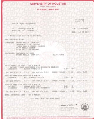 University Of Houston Mba Transcripts 001 | PDF