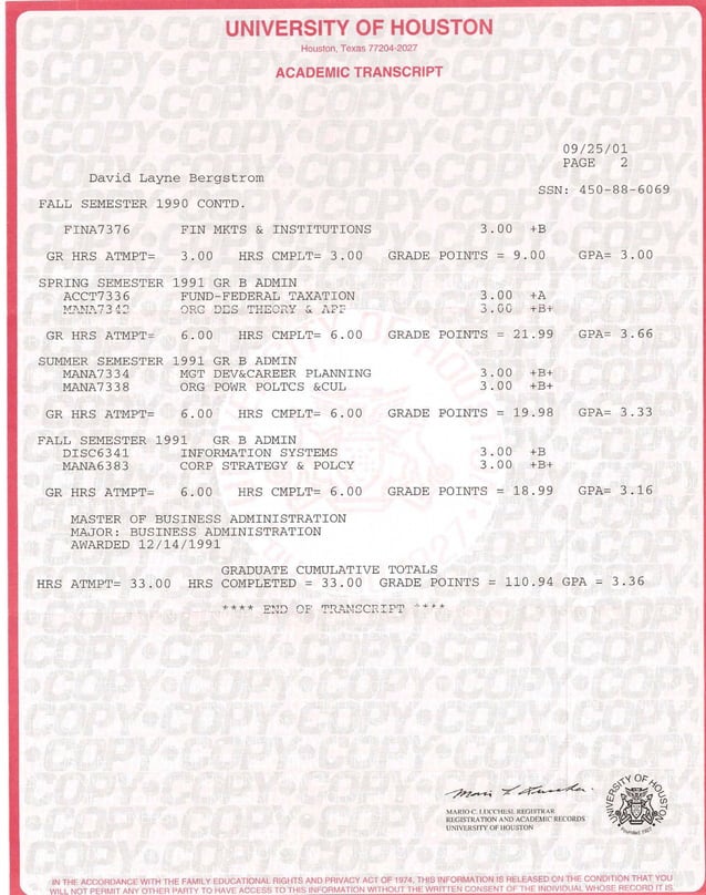 University Of Houston Mba Transcripts 001 | PDF