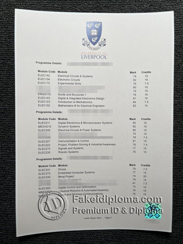 University of Liverpool transcript