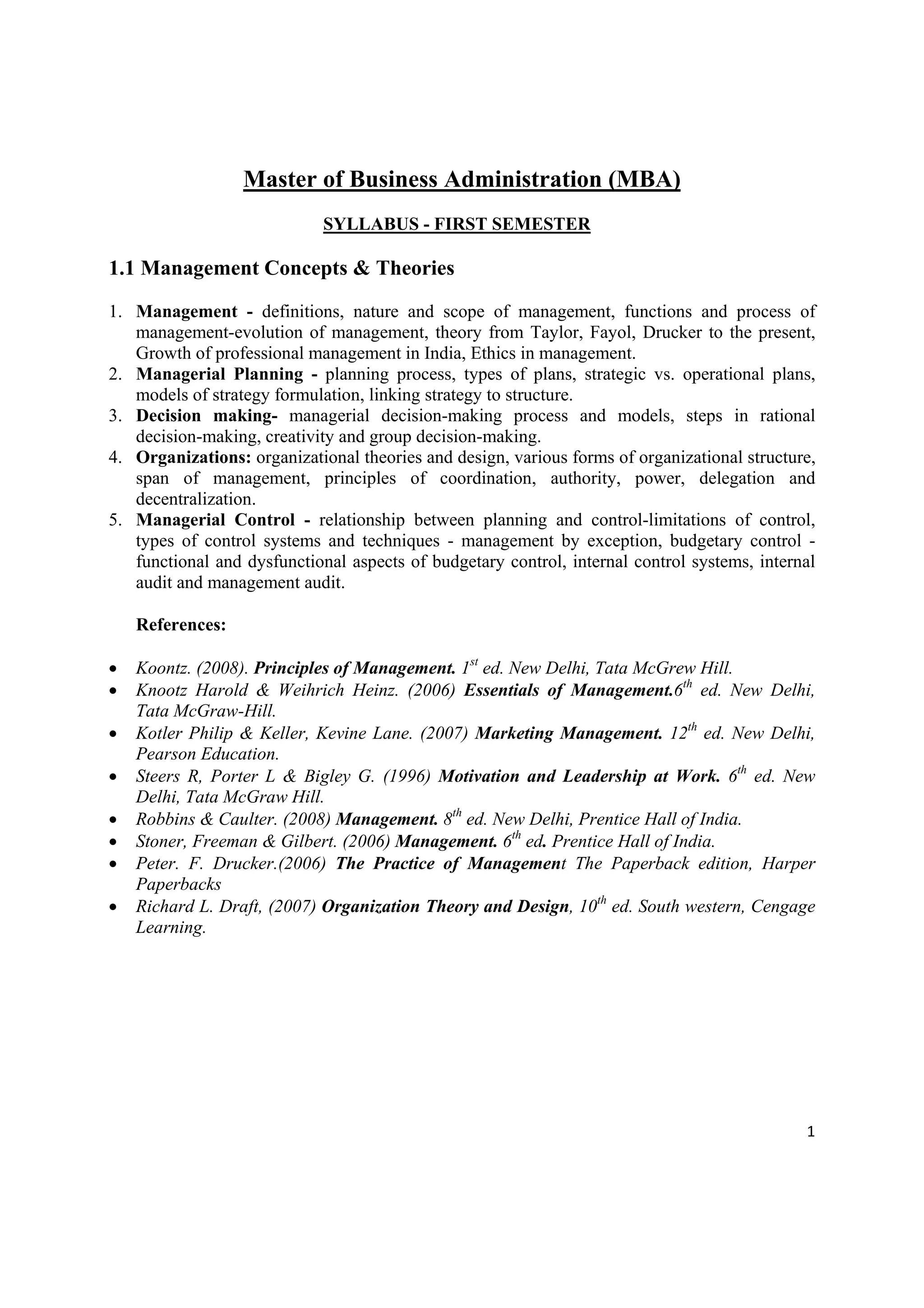 MBA Syllabus of University Of Mysore - 1st semester | PDF