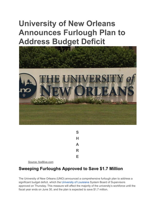 University of New Orleans Announces Furlough Plan to Address Budget ...